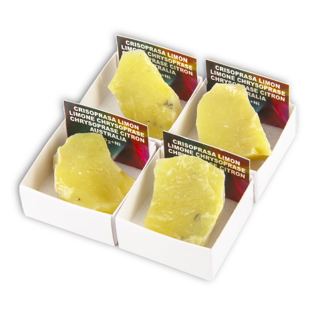 Crisoprasa limón en Cajita de Colección 4x4 cm — Colecciones de Minerales
